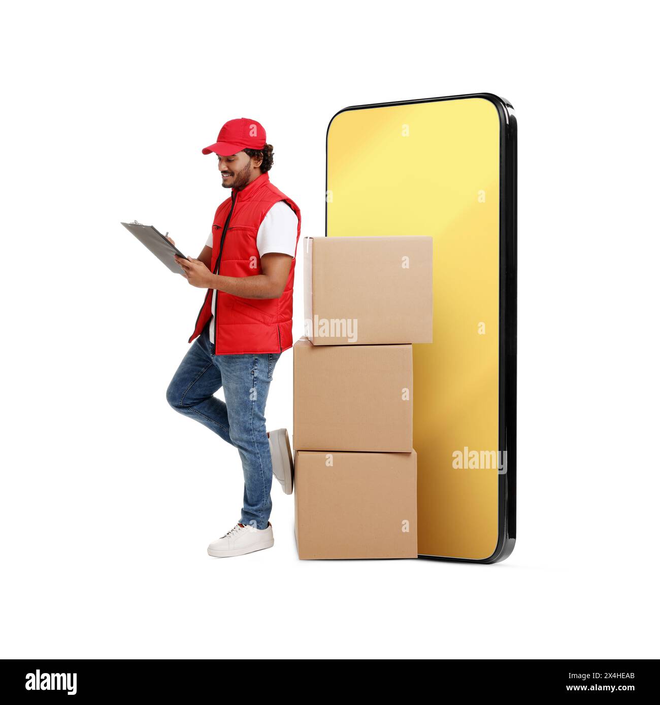 Courier with stack of parcels and clipboard near huge smartphone on ...