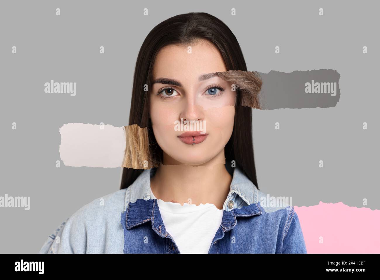 Combined portrait of woman on grey background. Collage with parts of ...