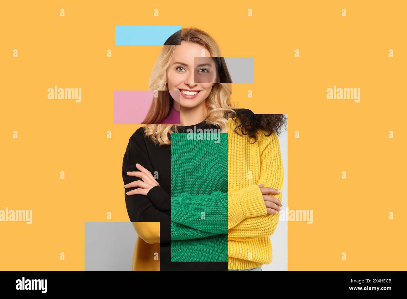 Combined portrait of woman on golden background. Collage with parts of ...
