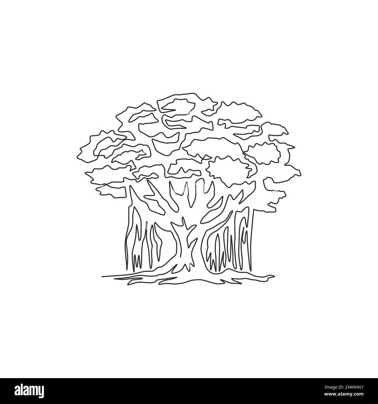 One continuous line drawing shady and leafy banyan tree for wall decor ...