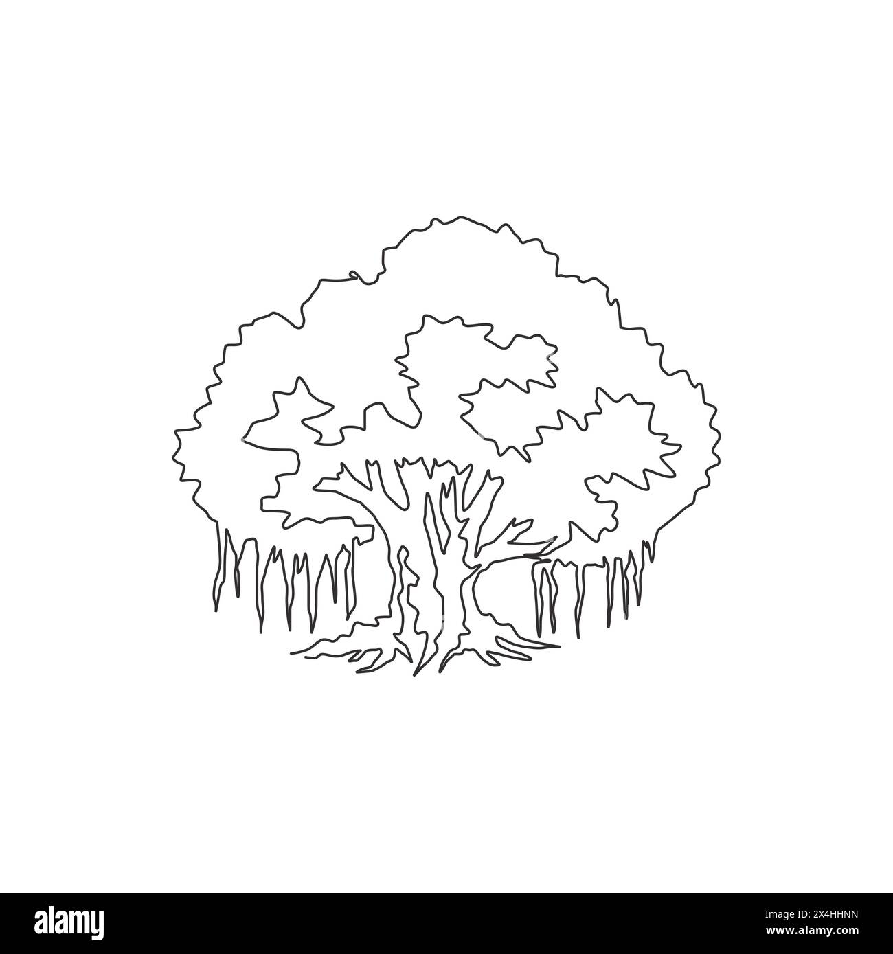 Single one line drawing of big shady and beauty leafy banyan tree ...