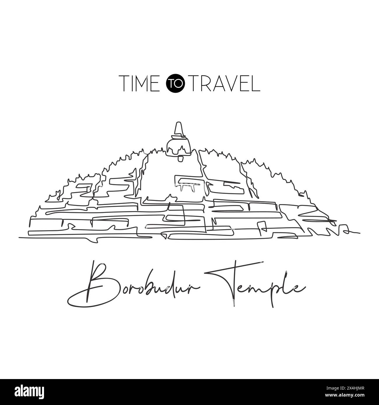 One single line drawing Candi Borobudur temple landmark. World iconic ...