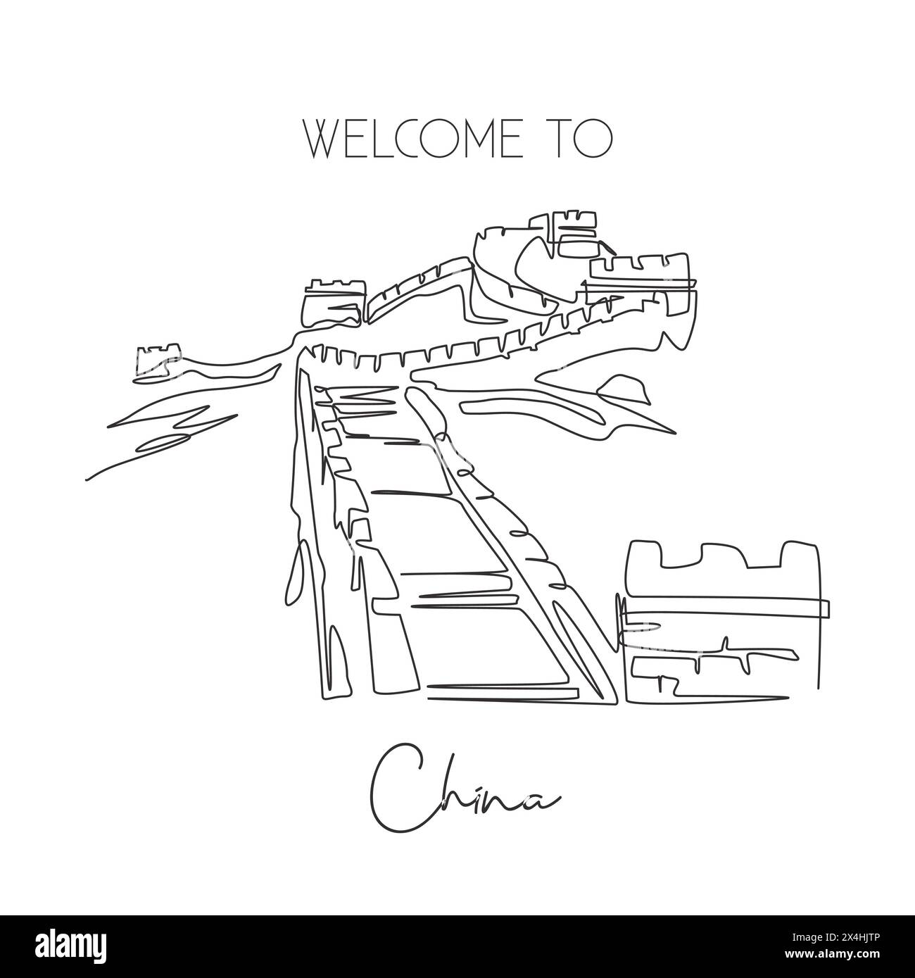 Single continuous line drawing Great Wall of Badaling landmark. Beauty ... Single continuous line drawing Great Wall of Badaling landmark. Beauty ...