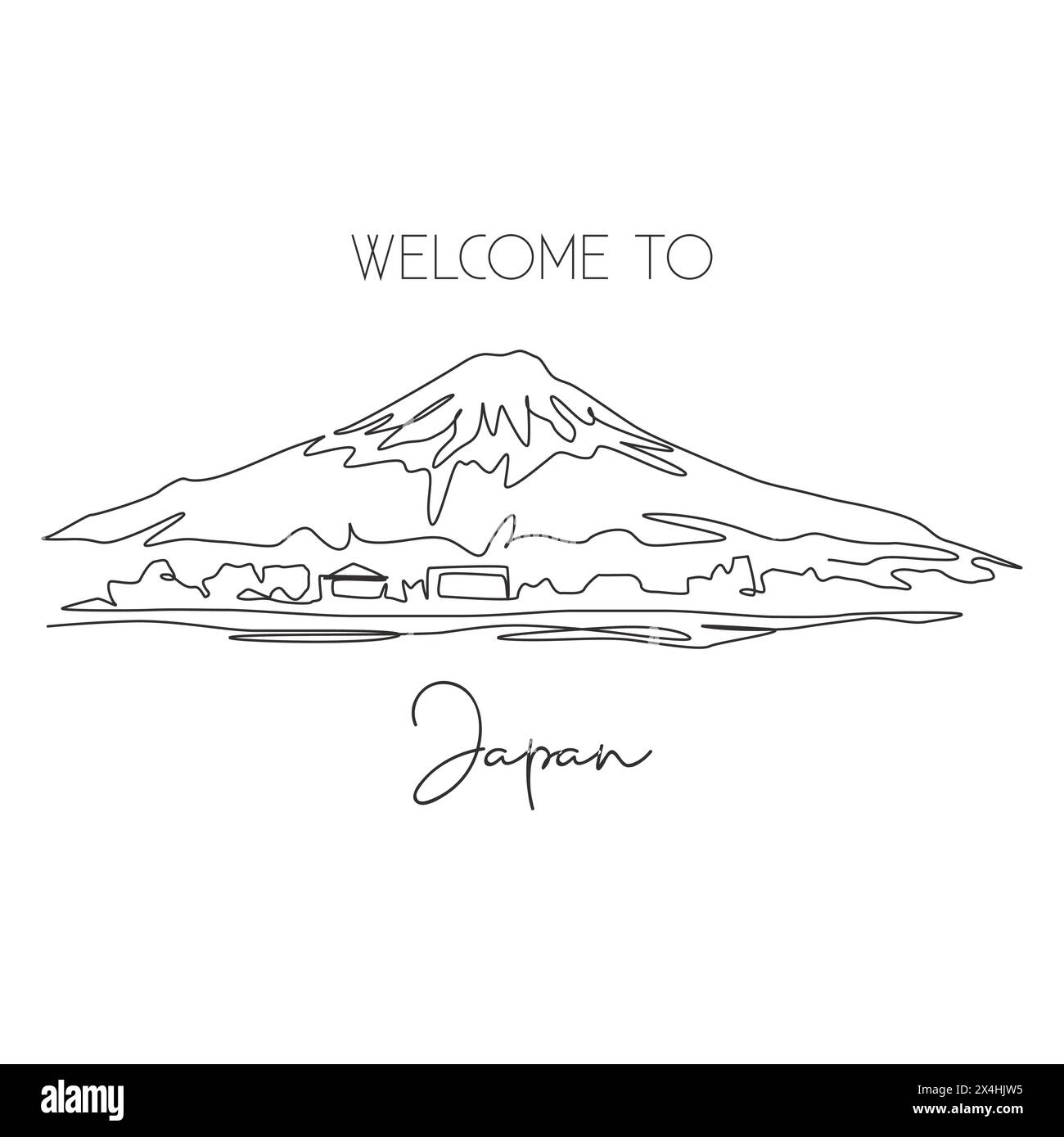 Single continuous line drawing Mount Fuji scenery landmark. Beautiful place in Honshu, Japan ...