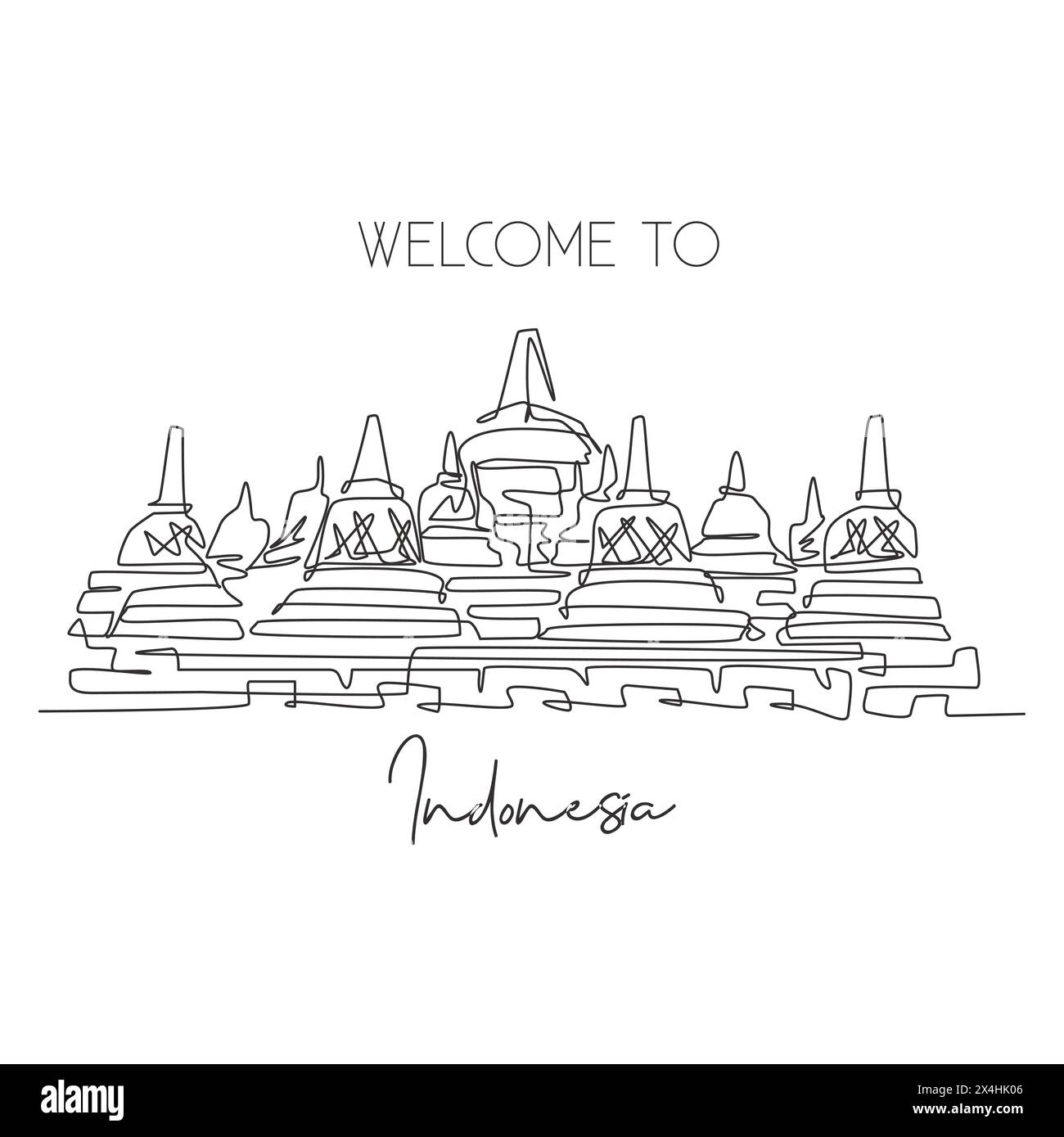 Single continuous line drawing Candi Borobudur Temple landmark ...