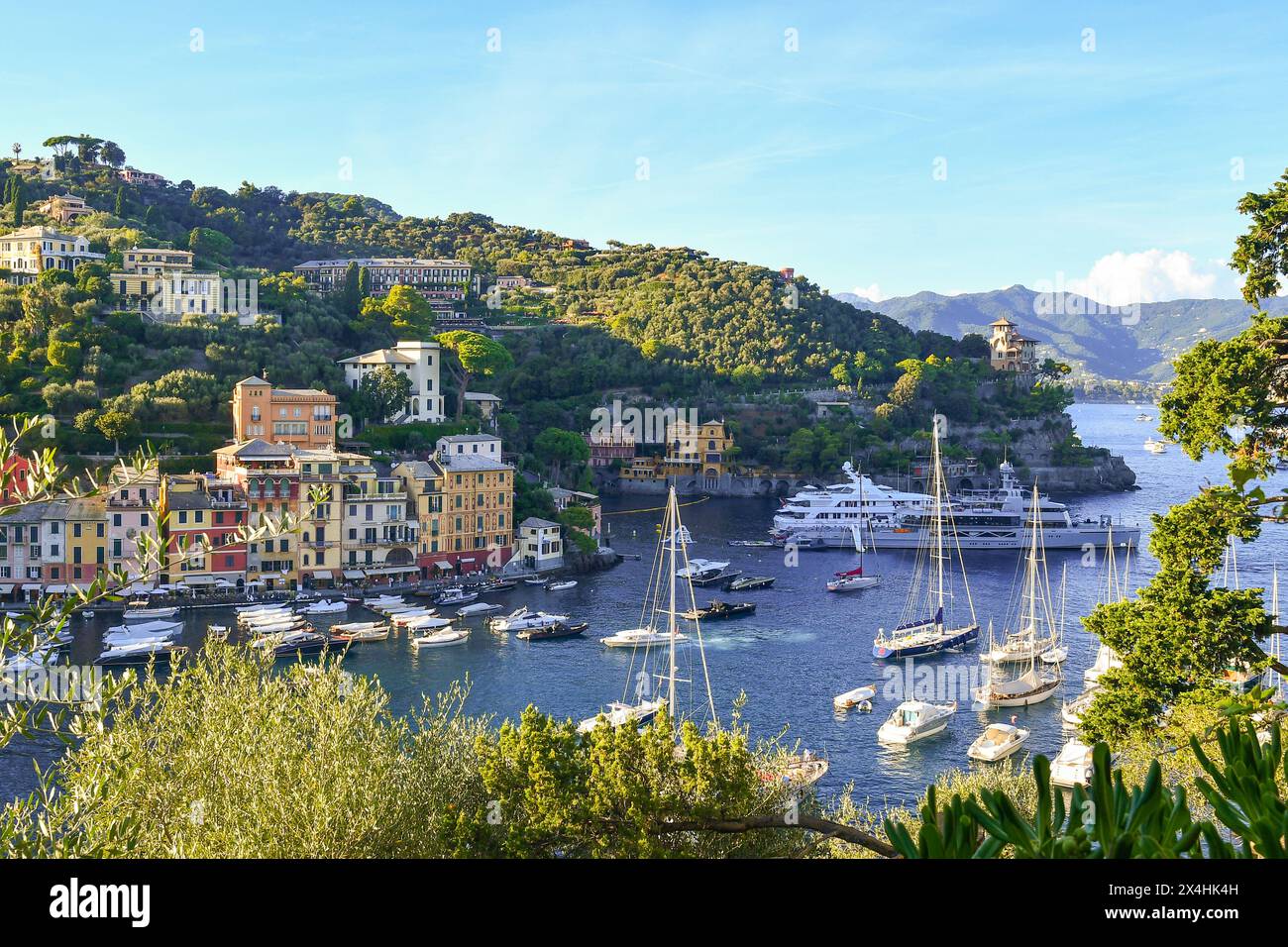 Elevated view of the famous fishing village in the Italian Riviera with ...