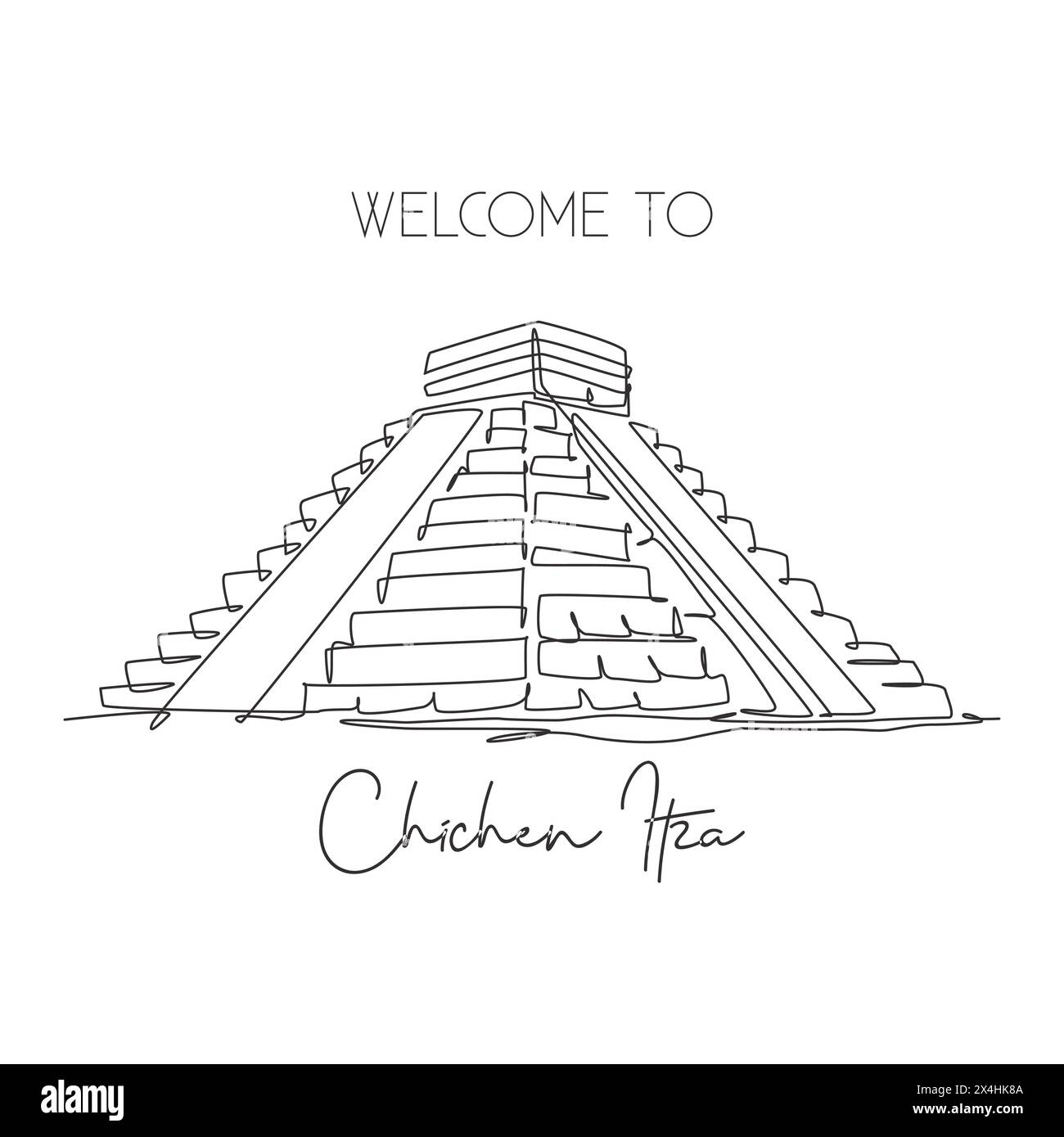 One continuous line drawing Chichen Itza Mayan Pyramid landmark. World ...