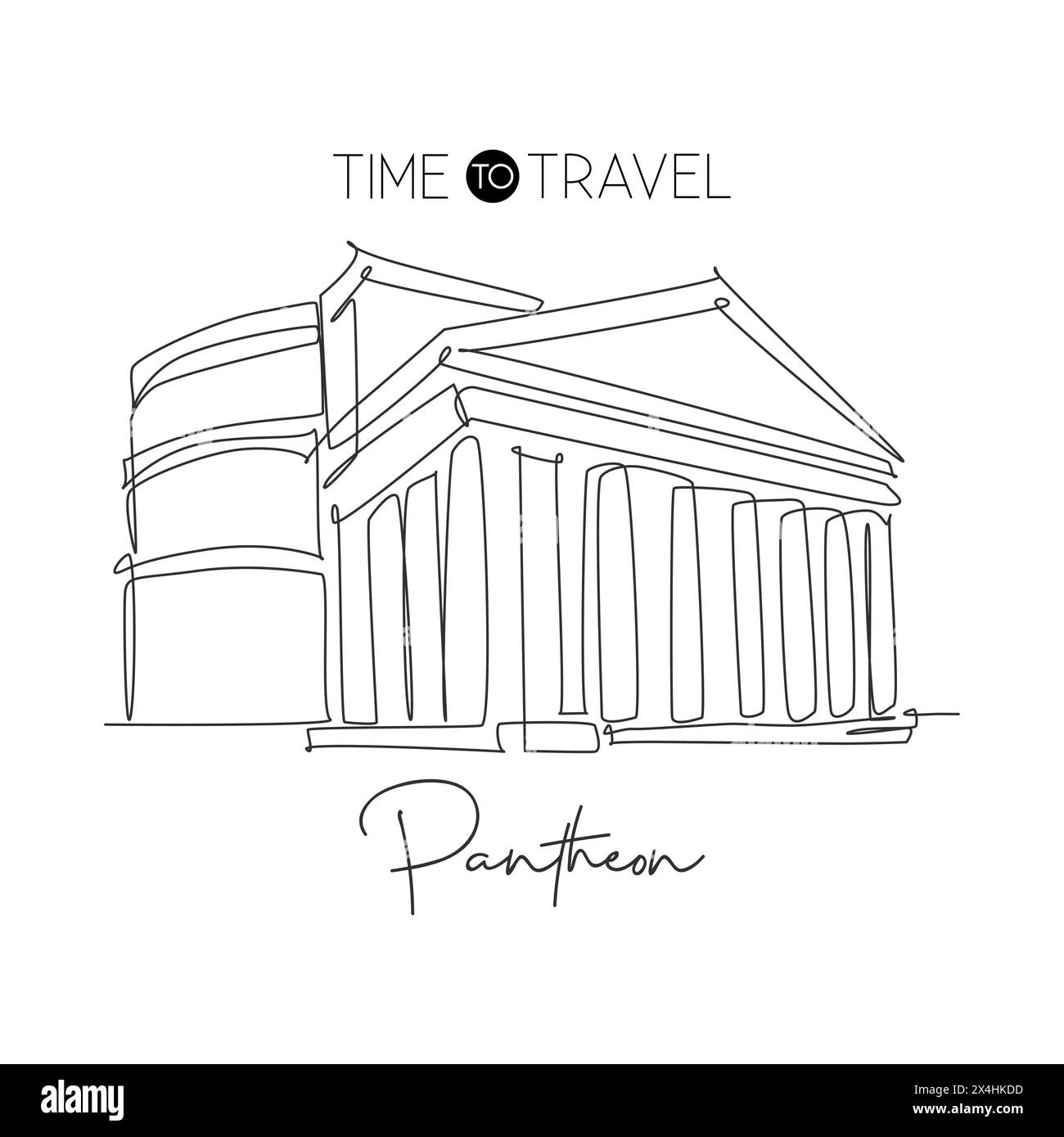 One continuous line drawing ancient Roman building Pantheon landmark. Pantheum temple in Rome ...