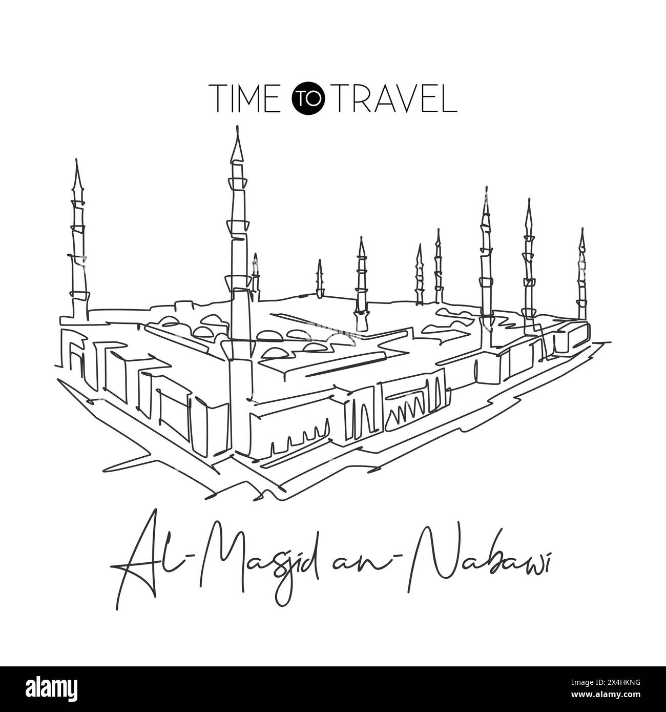One continuous line drawing Masjidil An Nabawi landmark. Holy masjid at ...
