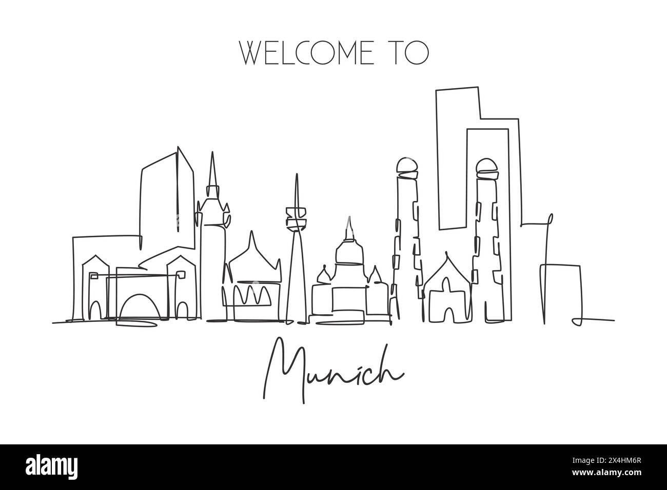 One single line drawing of Munich city skyline. Munchen city skyscraper ...