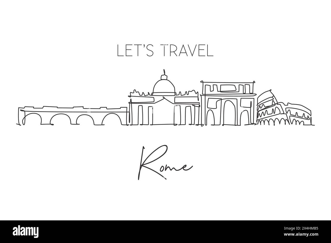 Single continuous line drawing of Rome city skyline Italy. Famous Roma ...