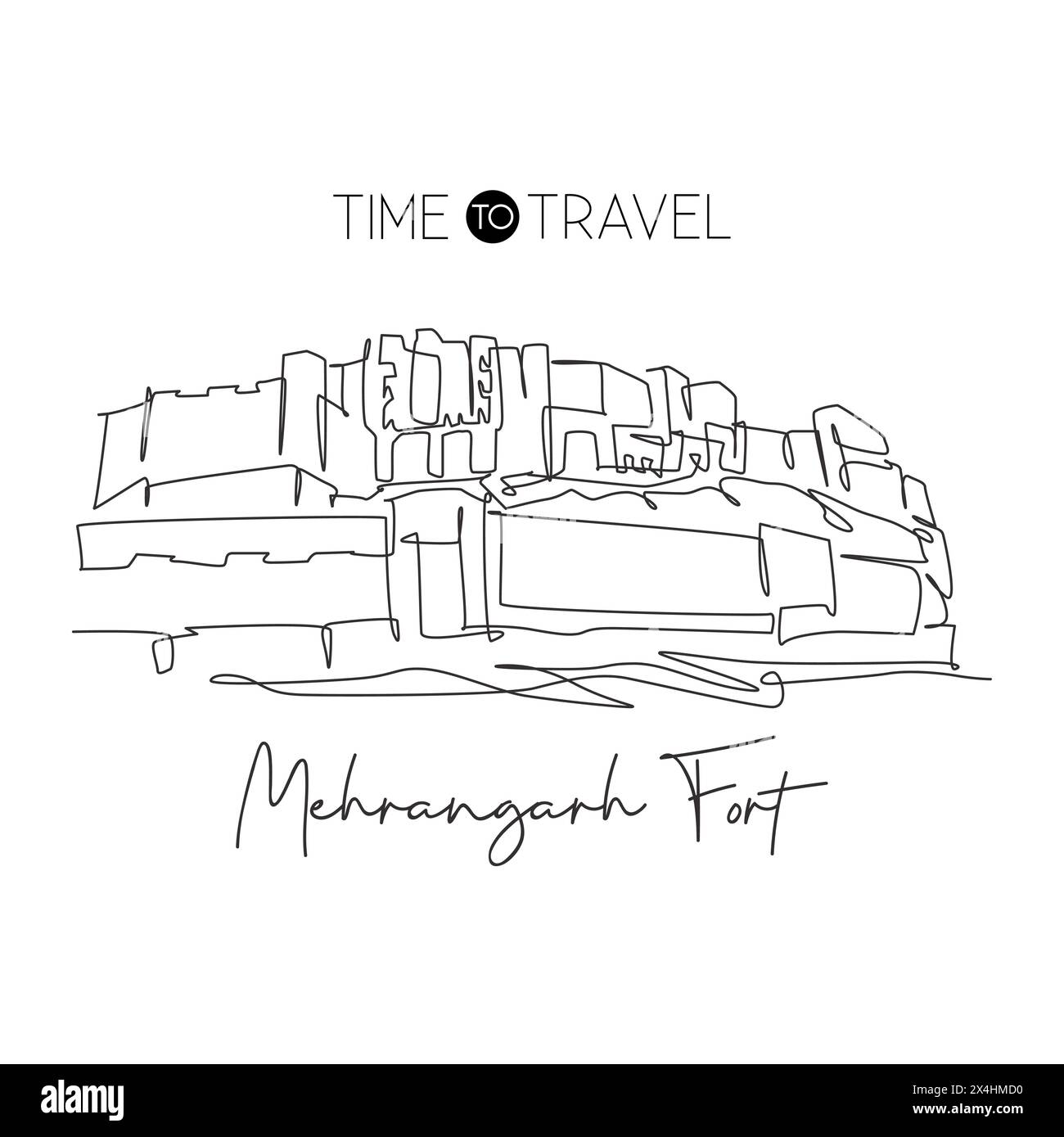 One single line drawing Mehrangarh Fort landmark. Famous historic place ...