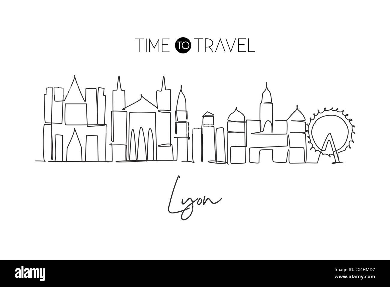 Single continuous line drawing of Lyon city skyline France. Famous city ...