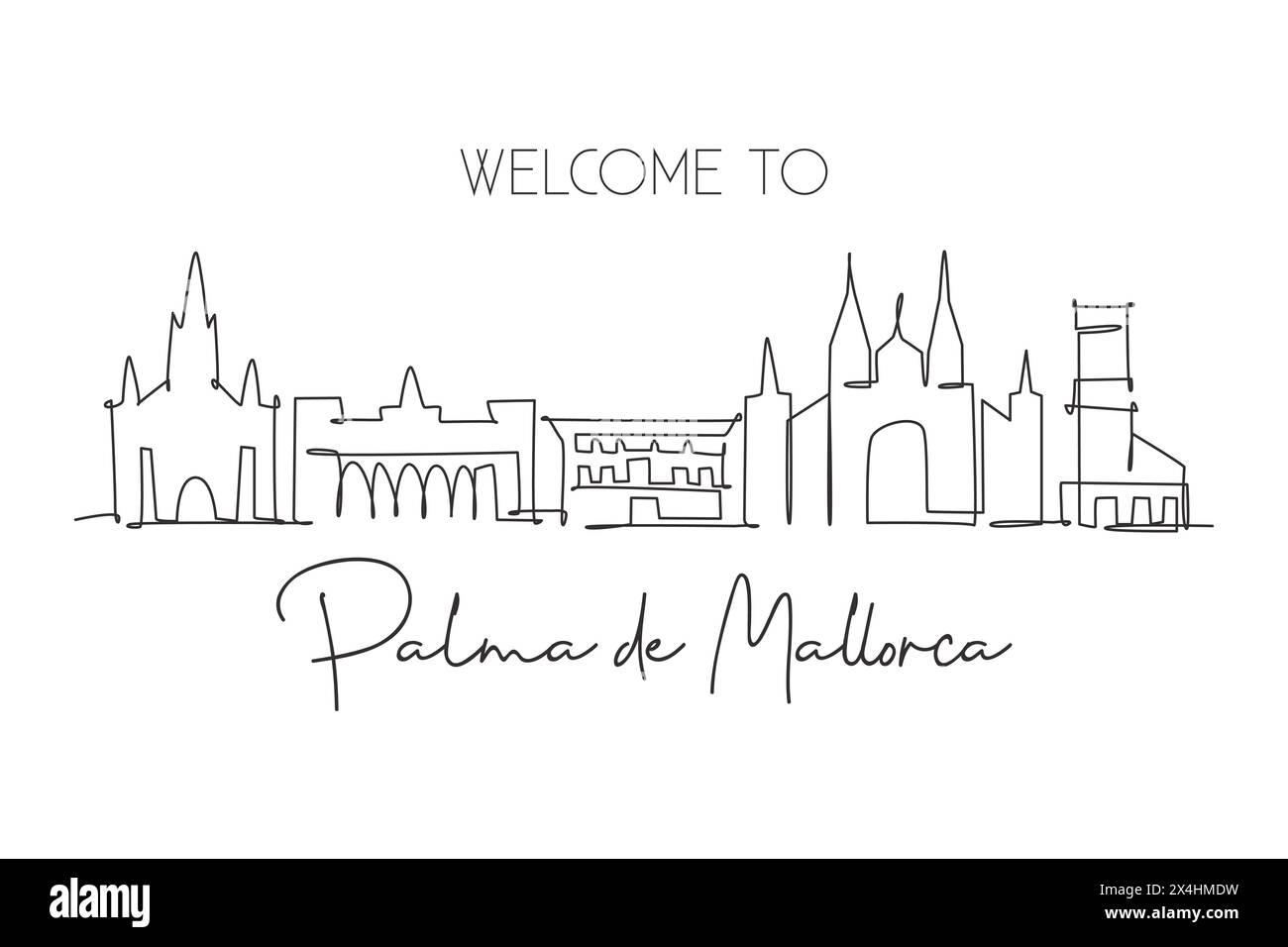 One single line drawing of Palma de Mallorca city skyline Spain ...
