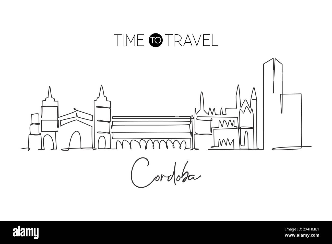 Single continuous line drawing of Cordoba city skyline, Spain. Famous ...