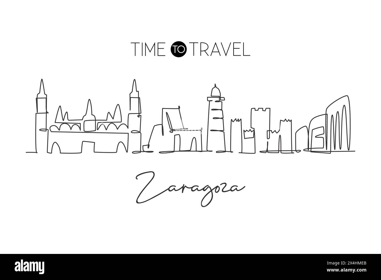One single line drawing of Zaragoza city skyline, Spain. Historical ...