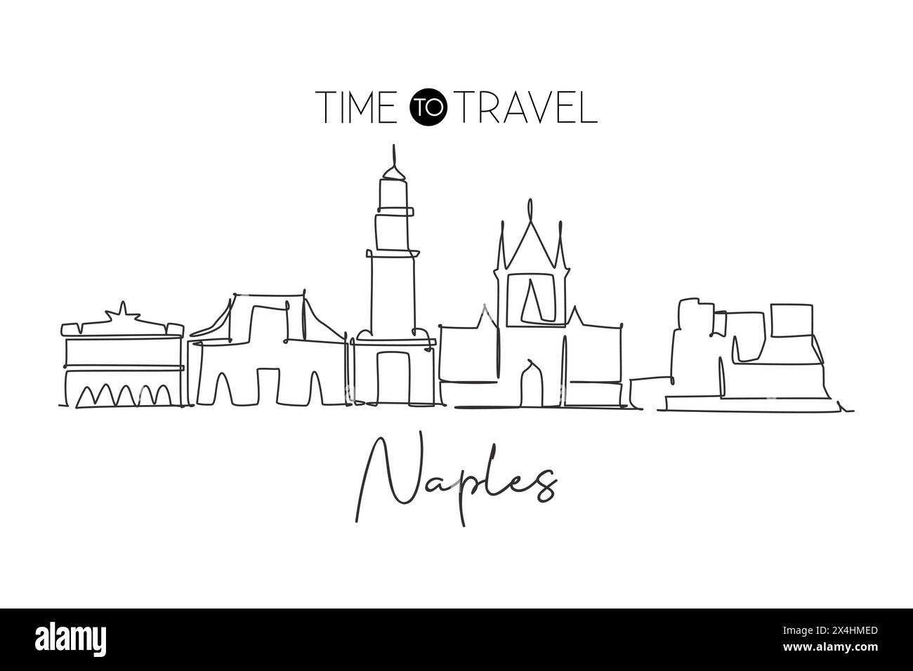 Single continuous line drawing of Naples city skyline, Italy. Famous ...