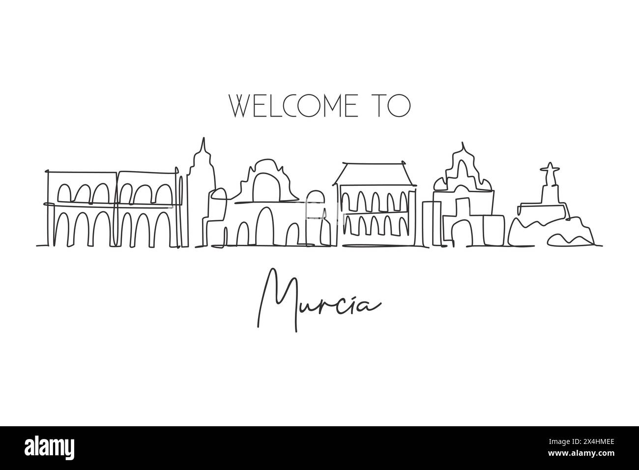 One single line drawing Murcia city skyline Spain. Historical ...