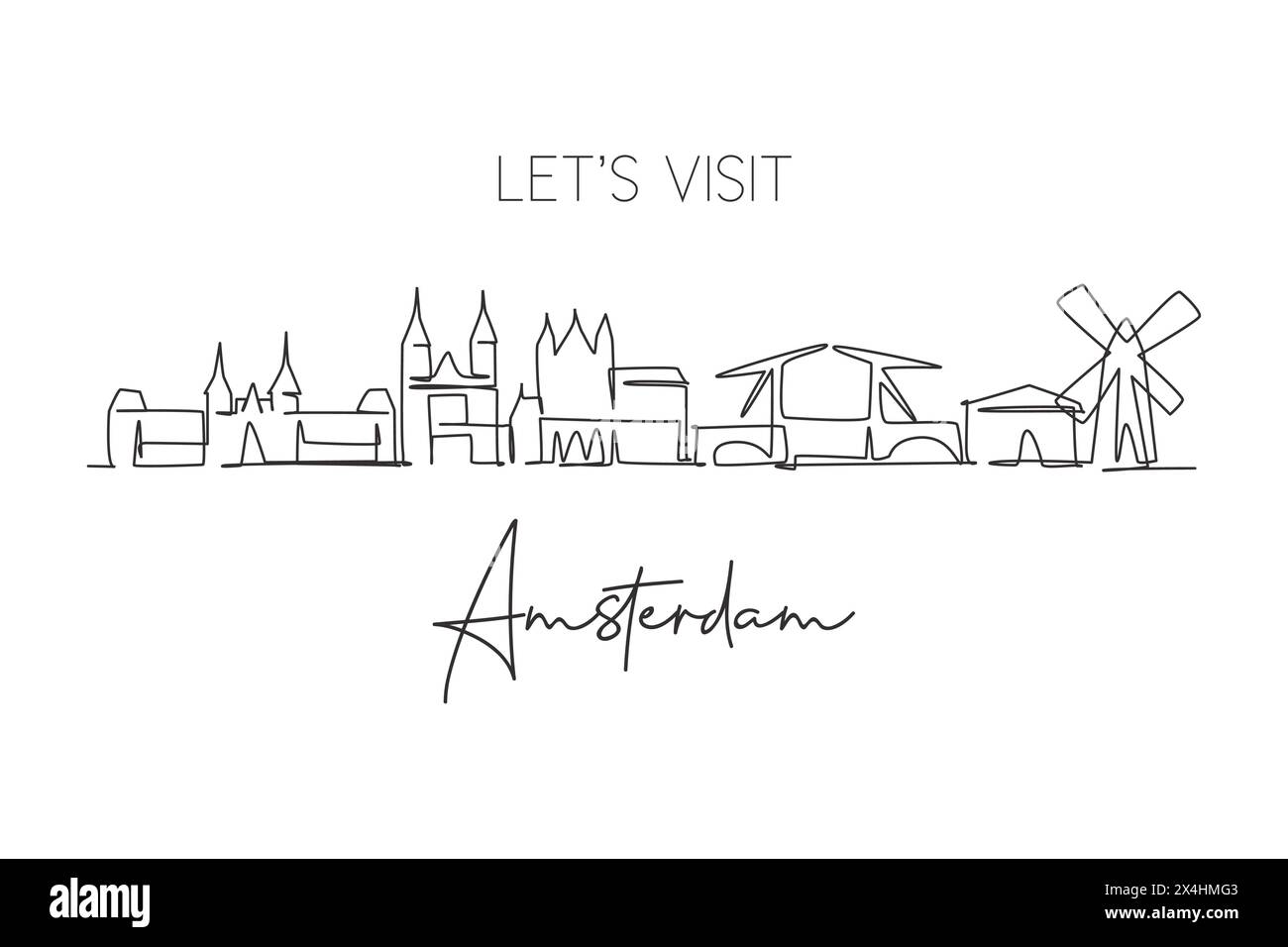 One single line drawing of Amsterdam city skyline, Netherlands ...
