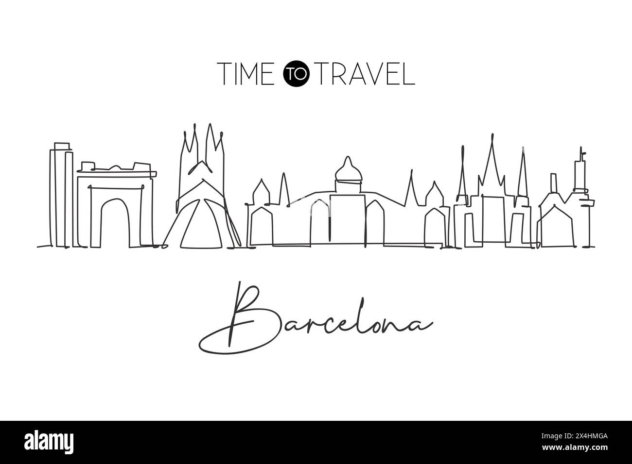 Single continuous line drawing of Barcelona city skyline, Spain. Famous ...