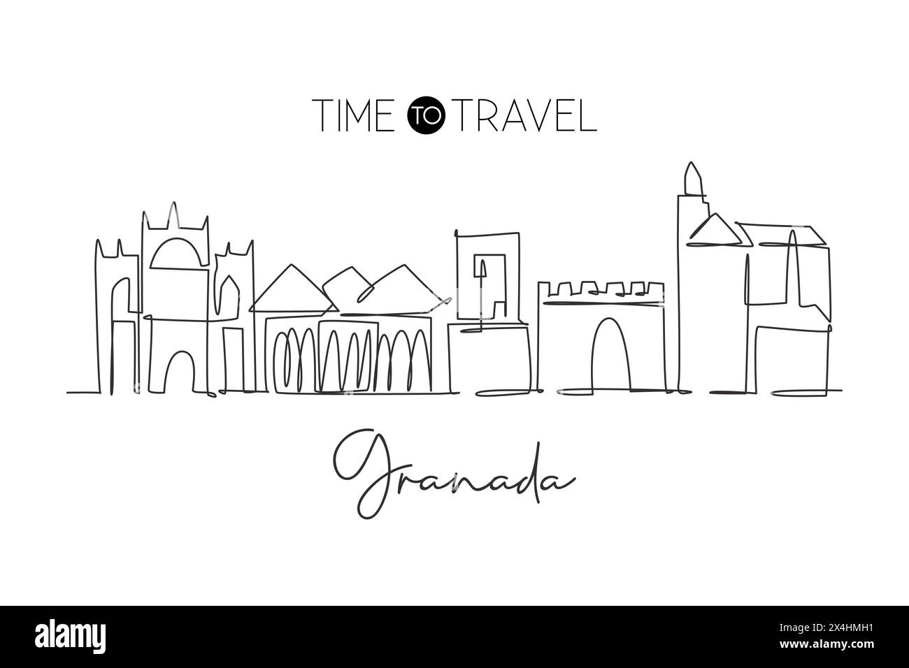 One single line drawing of Granada city skyline, Spain. Historical ...