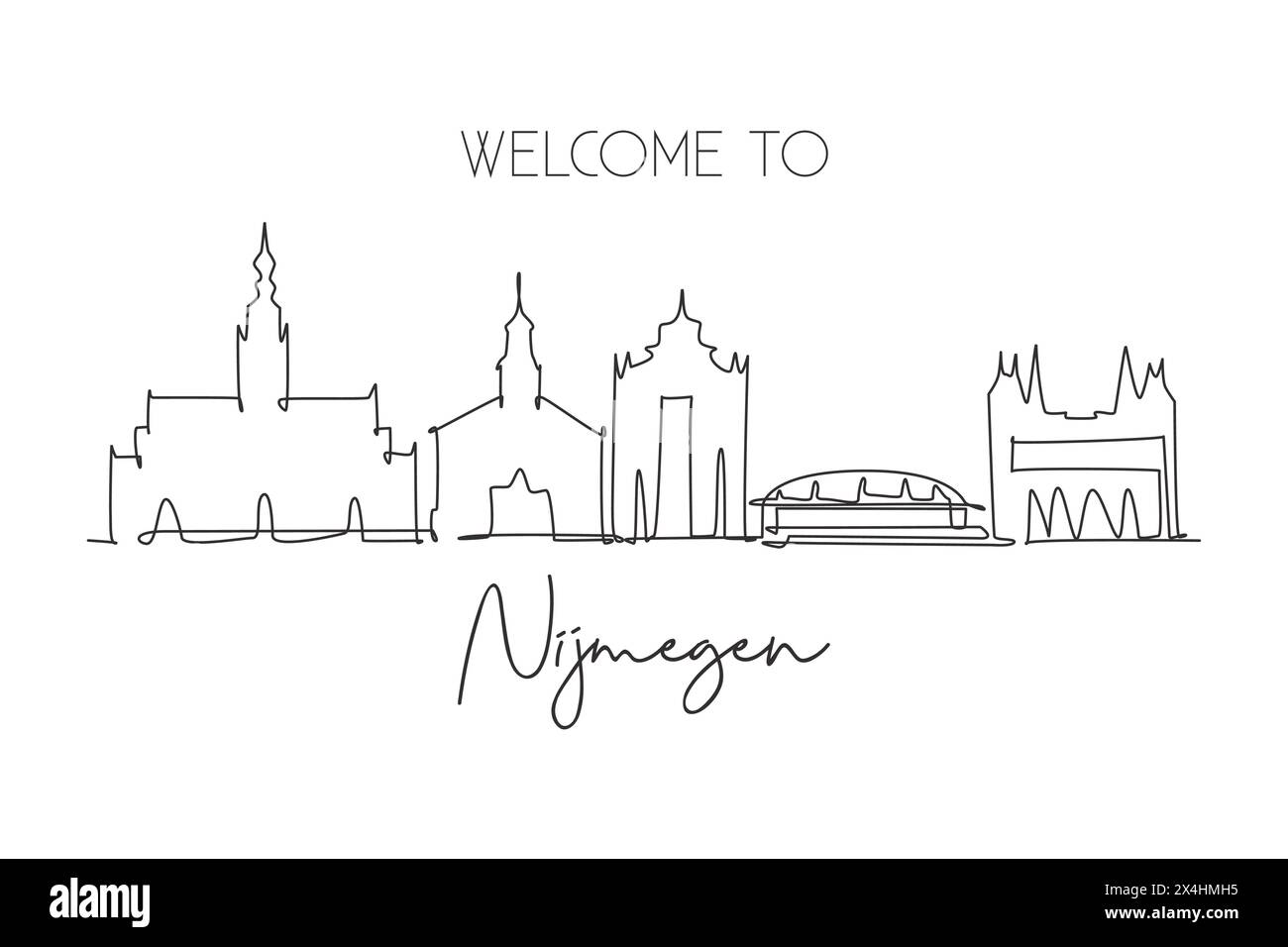 Single continuous line drawing of Nijmegen city skyline, Netherlands ...
