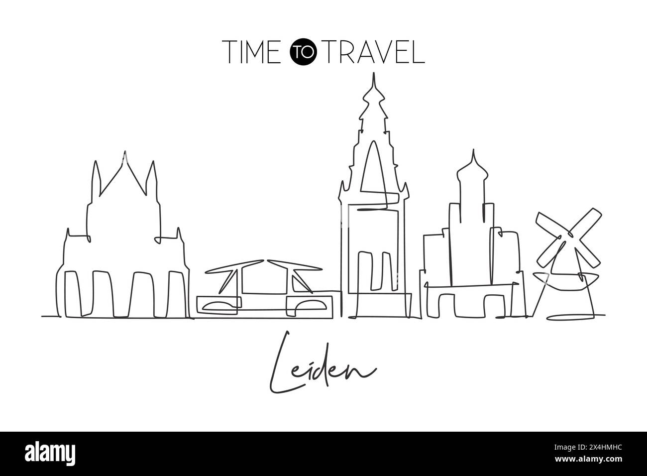 One single line drawing of Leiden city skyline, Netherlands. Historical ...