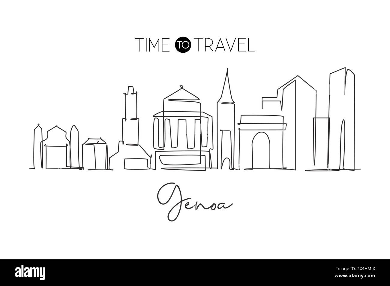 One single line drawing of Genoa city skyline, Italy. Historical skyscraper landscape in world ...