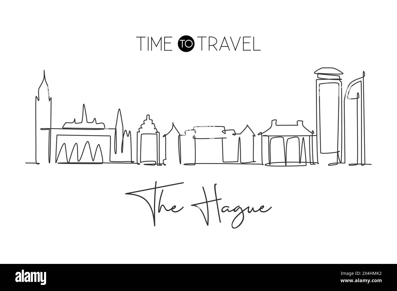 One single line drawing of The Hague city skyline, Netherlands ...