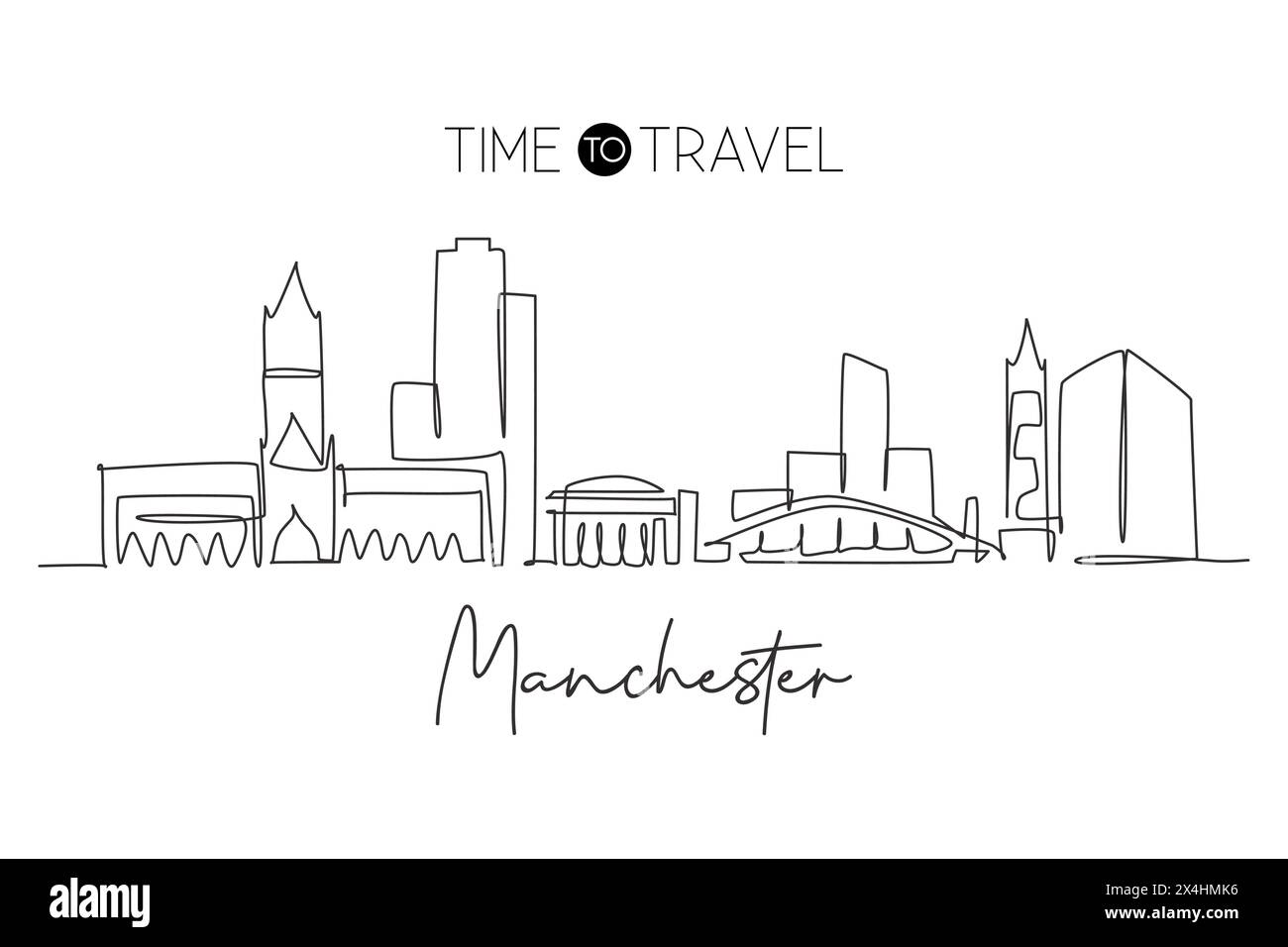 One single line drawing of Manchester city skyline. City skyscraper ...