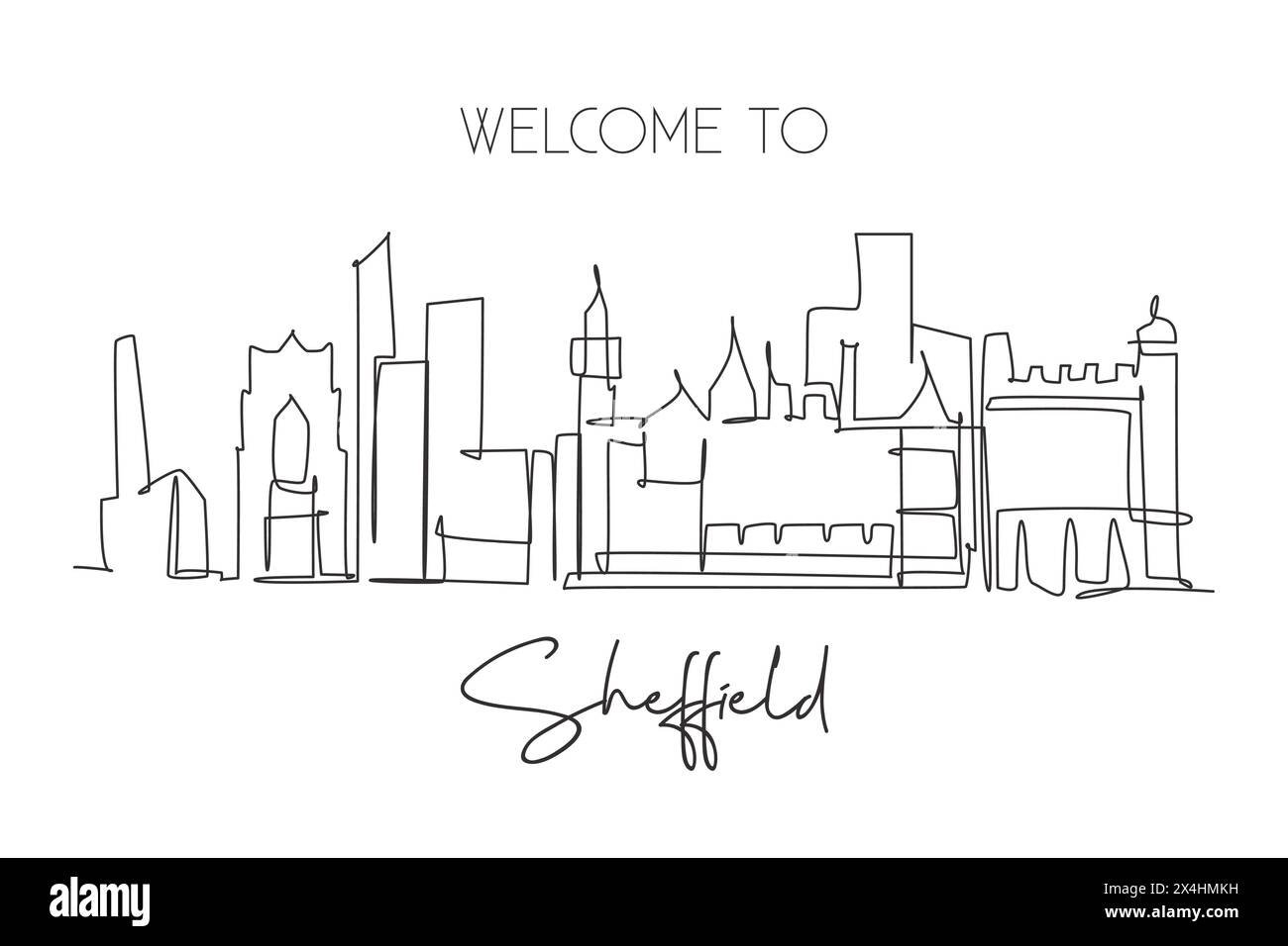 Single continuous line drawing Sheffield city skyline. Famous city ...