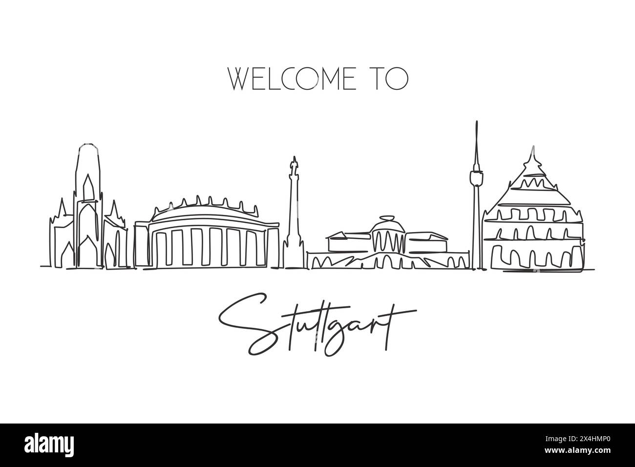 Single continuous line drawing of Suttgart city skyline, Germany ...