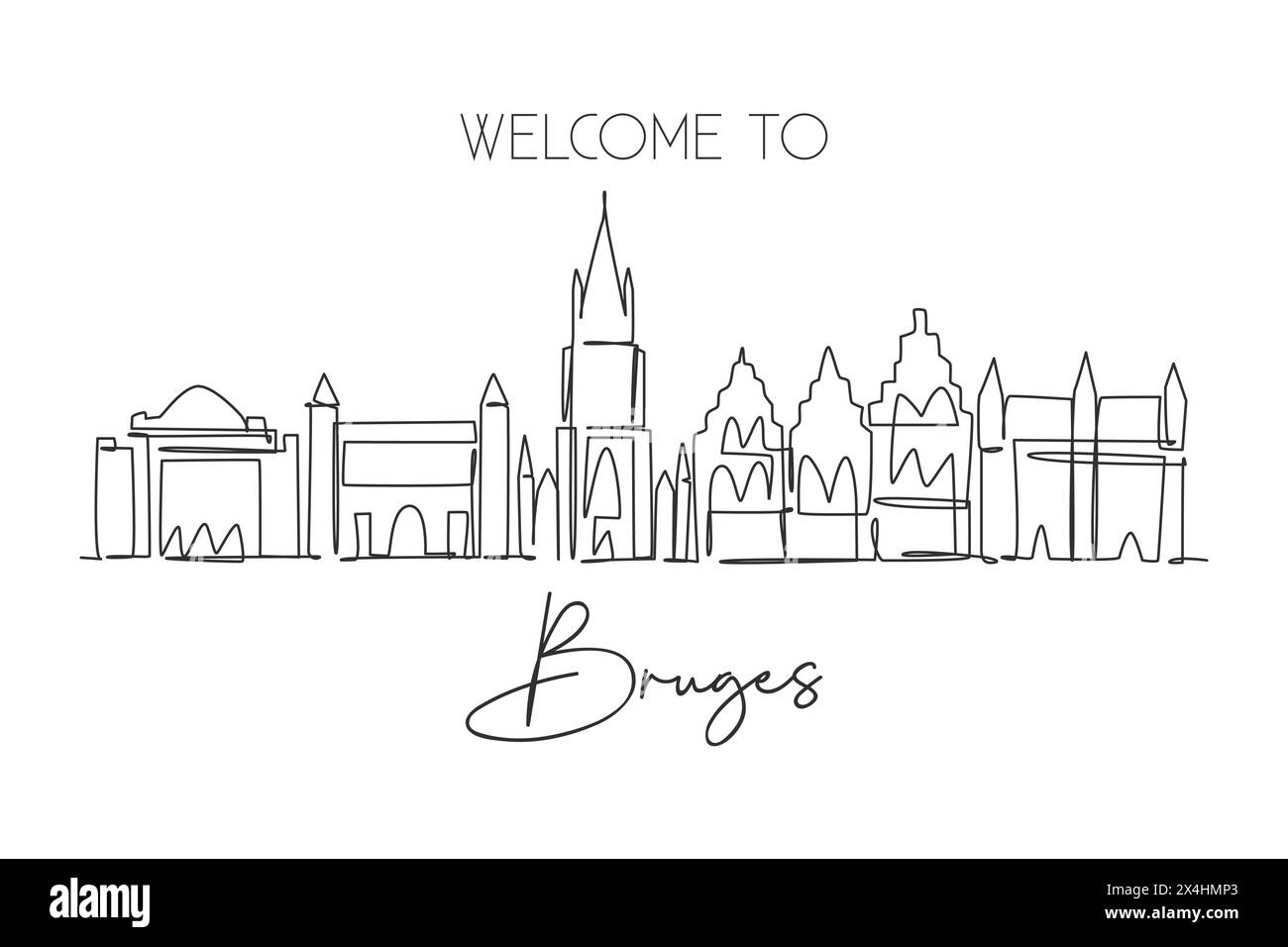 Single continuous line drawing of Bruges city skyline, Belgium. Famous ...