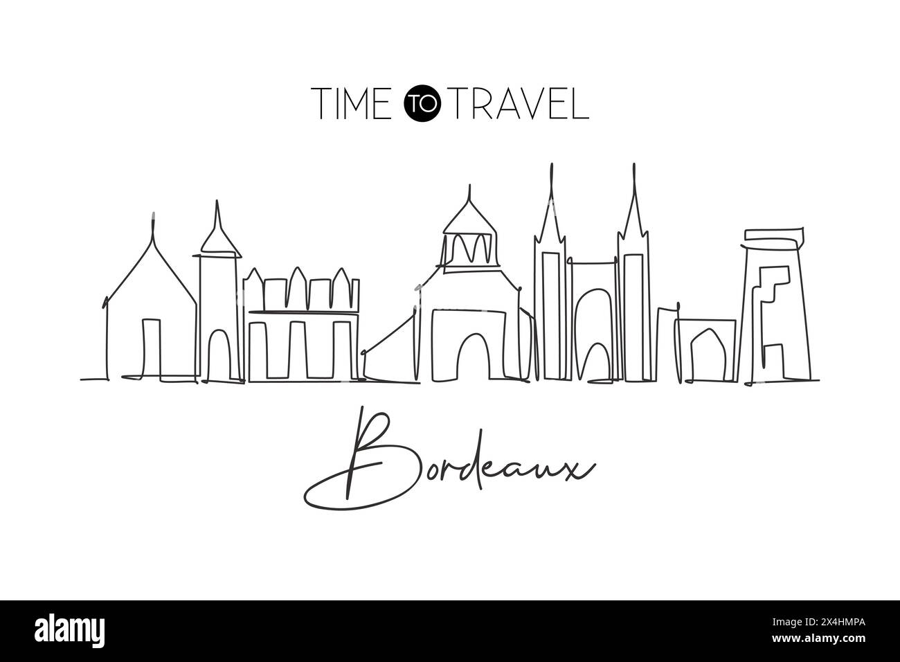 Single continuous line drawing Bordeaux city skyline, France. Famous ...