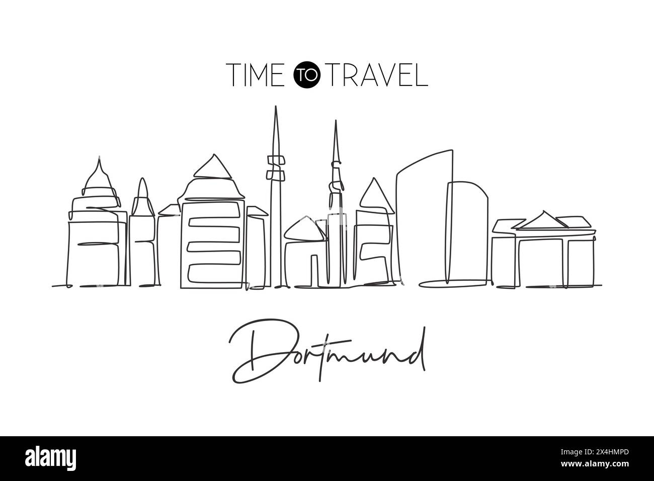Single continuous line drawing of Dortmund city skyline Germany. Famous ...