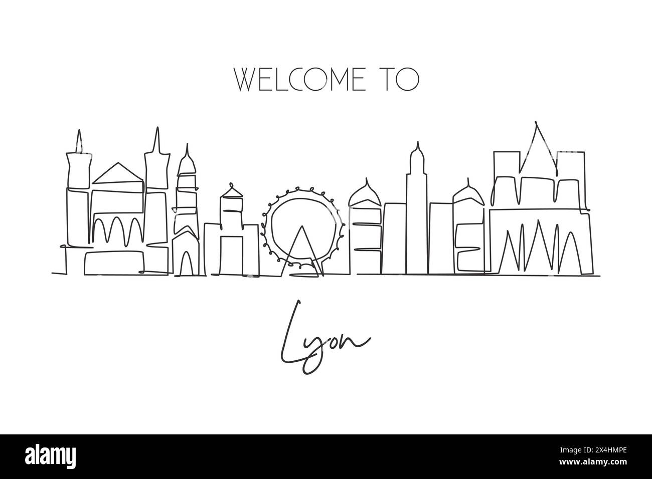 One continuous line drawing of Lyon city skyline, France. Beautiful ...