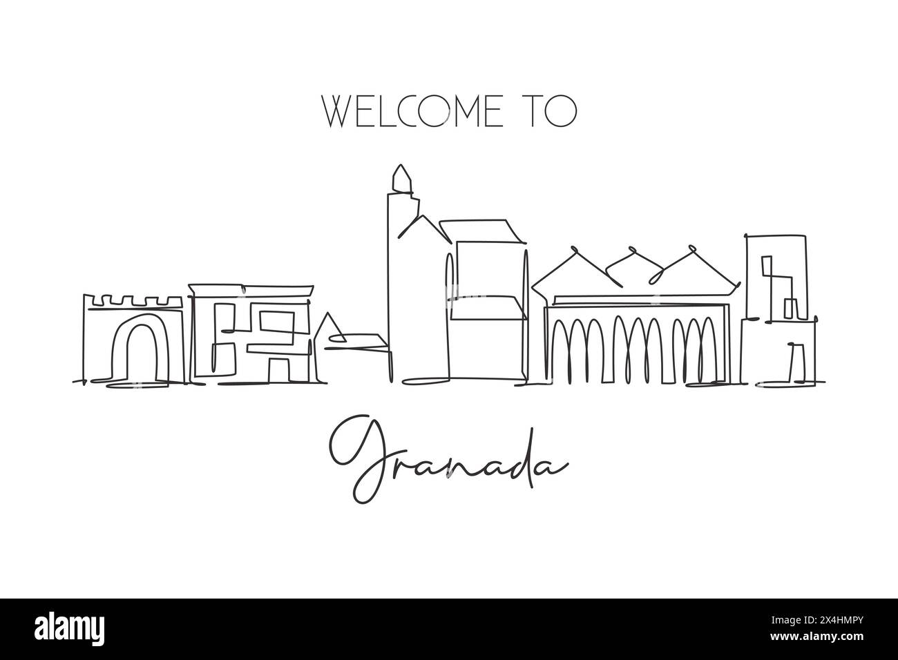 One continuous line drawing of Granada city skyline, Spain. Beautiful ...