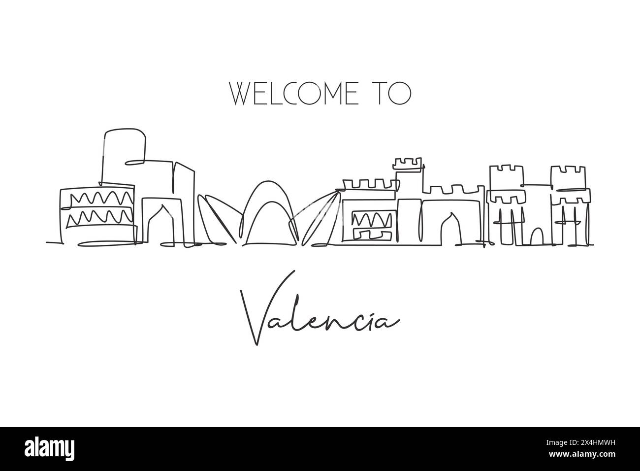Single continuous line drawing of Valencia city skyline, Spain. Famous ...