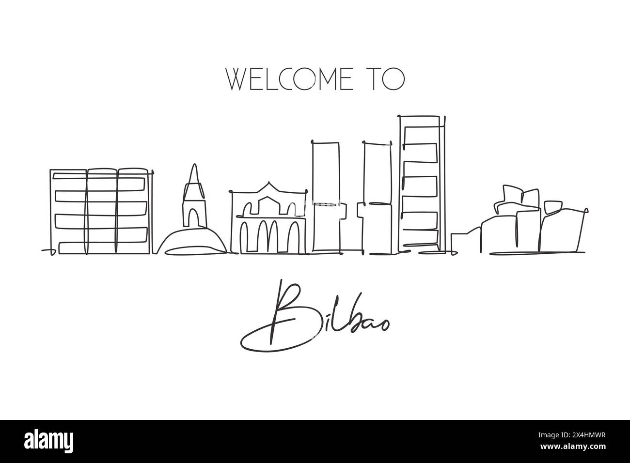 Single continuous line drawing of Bilbao city skyline, France. Famous ...