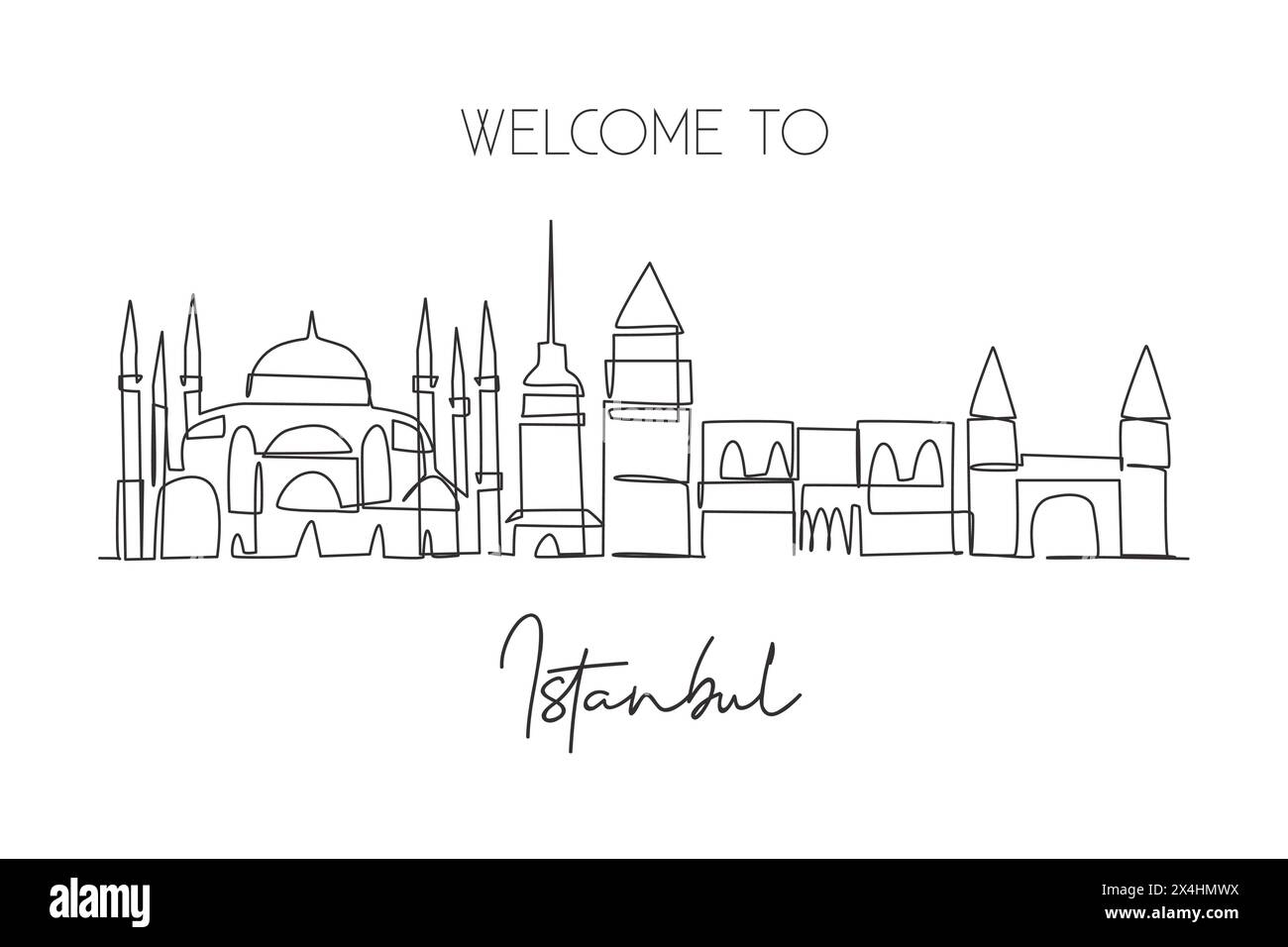 Single continuous line drawing of Istanbul city skyline, Turkey. Famous ...
