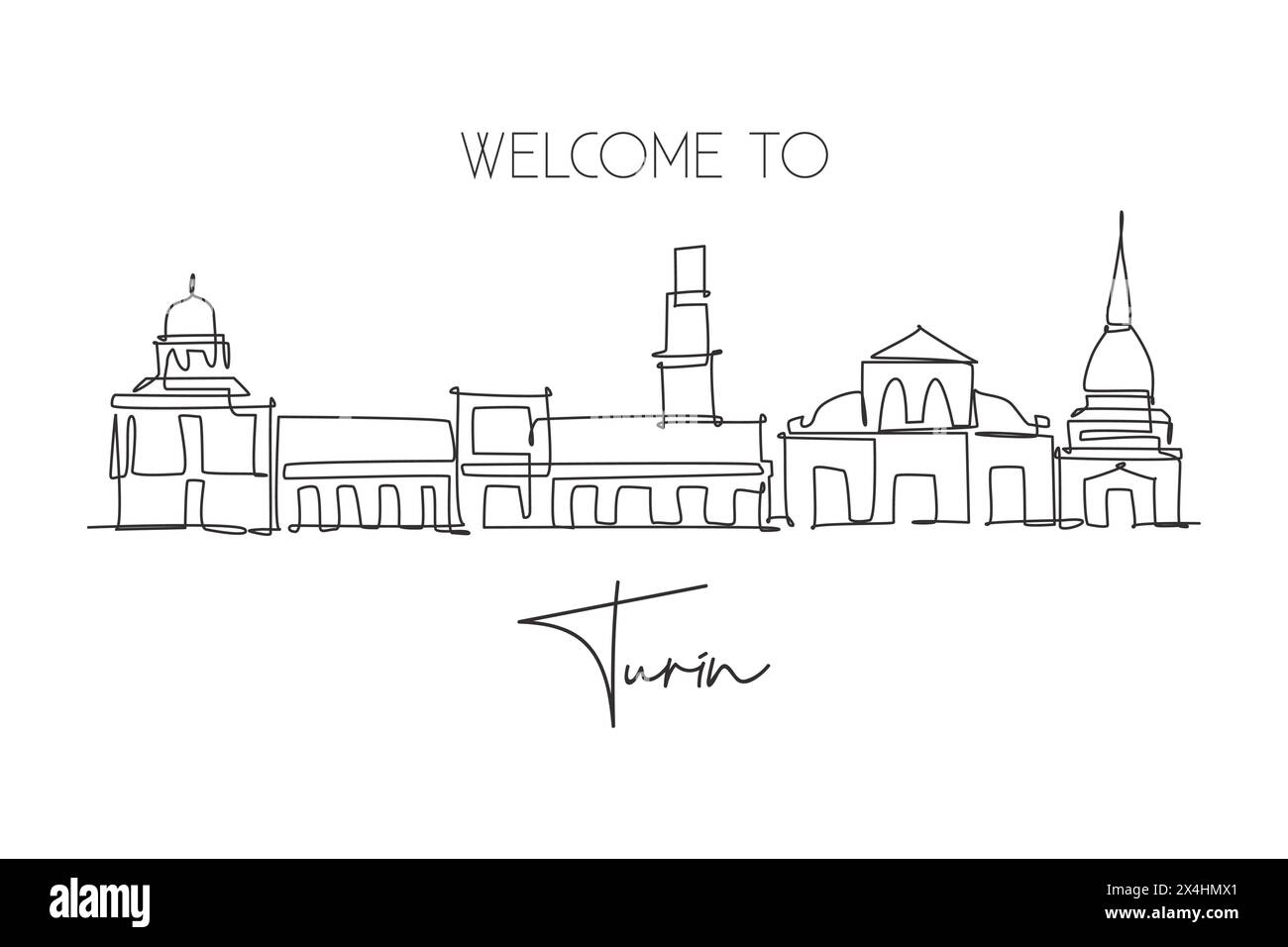 One continuous line drawing of Turin city skyline, Italy. Beautiful ...