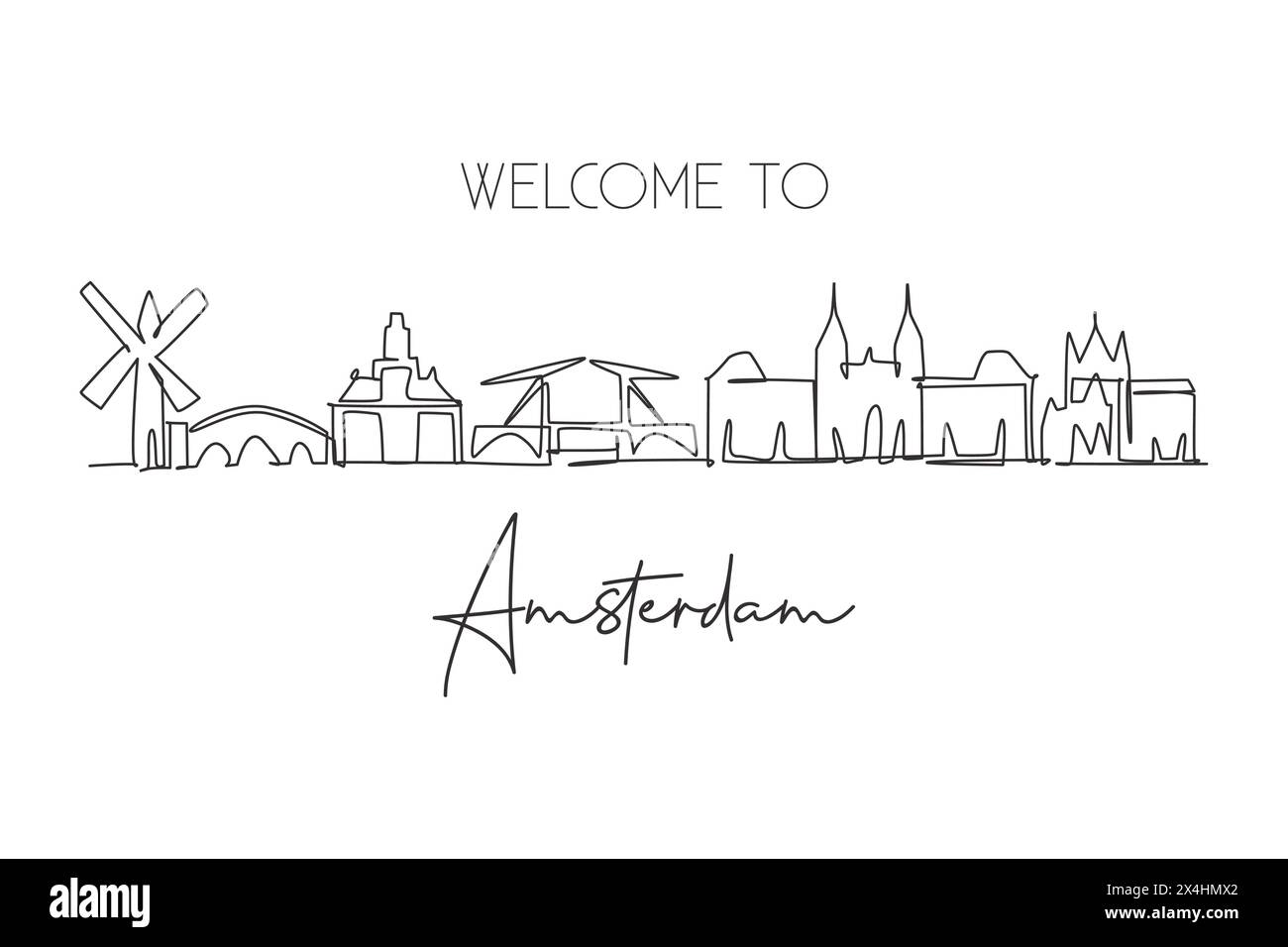 Single continuous line drawing of Amsterdam city skyline, Netherlands ...