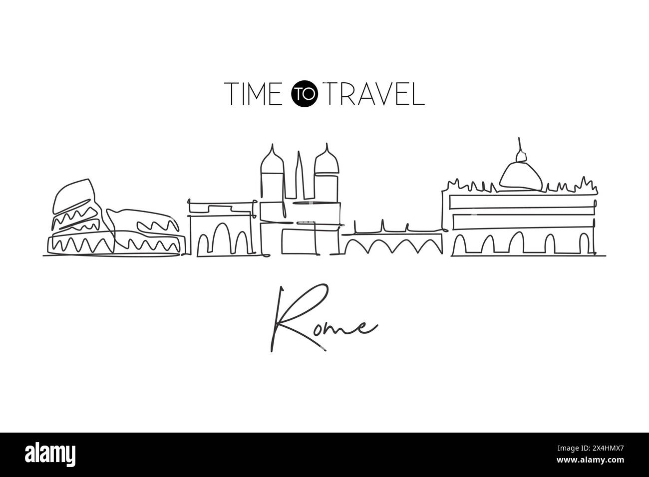 One continuous line drawing of Rome city skyline, Italy. Beautiful Roma ...