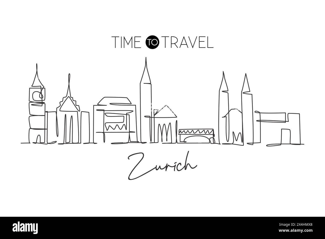 Single continuous line drawing of Zurich city skyline, Switzerland ...