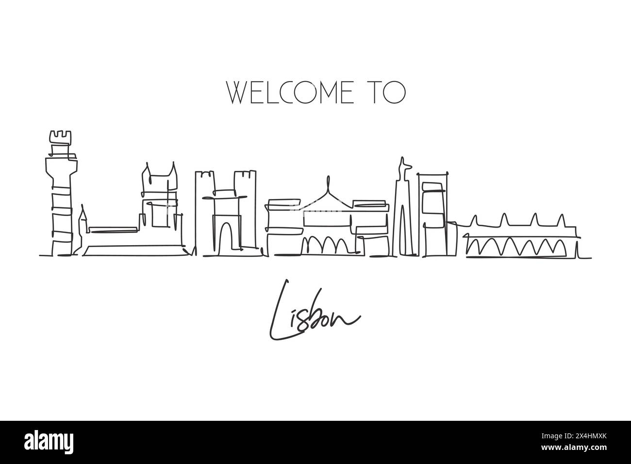 One single line drawing of Lisbon city skyline, Portugal. Historical ...