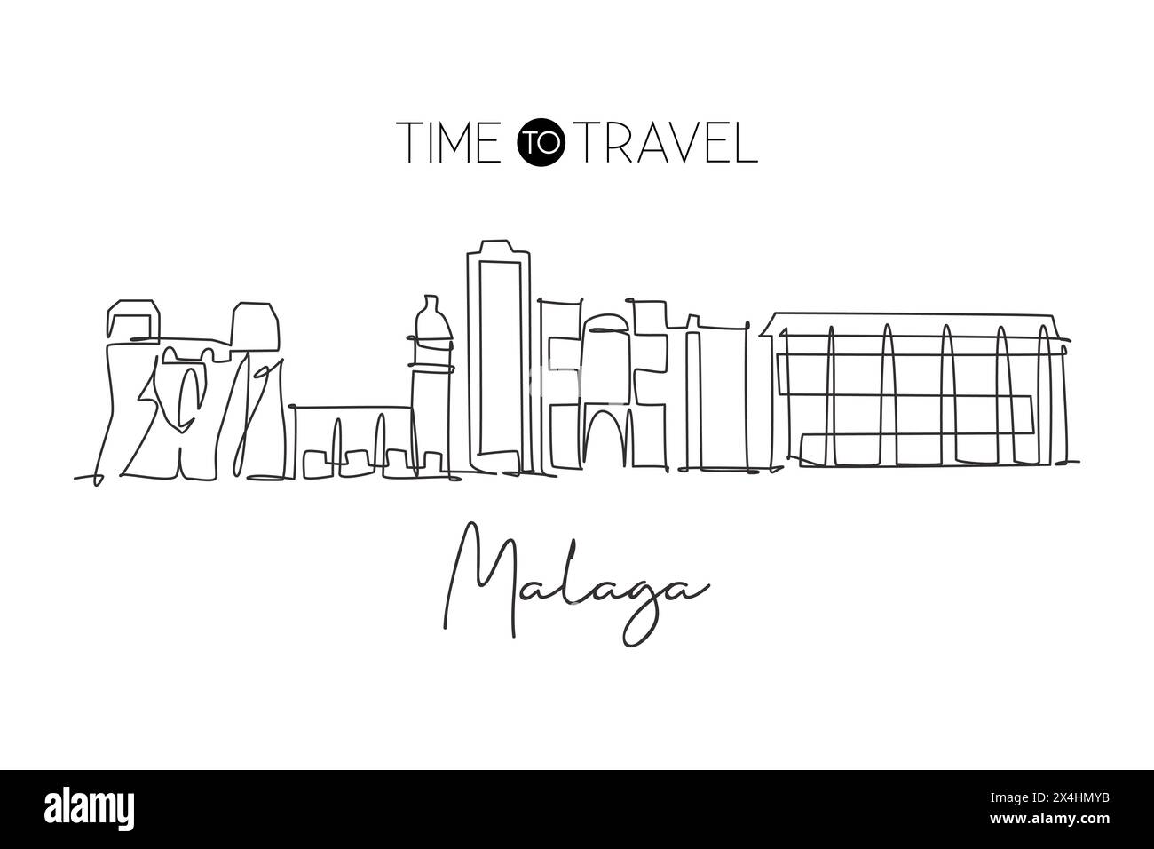 Single continuous line drawing of Malaga city skyline, Spain. Famous ...