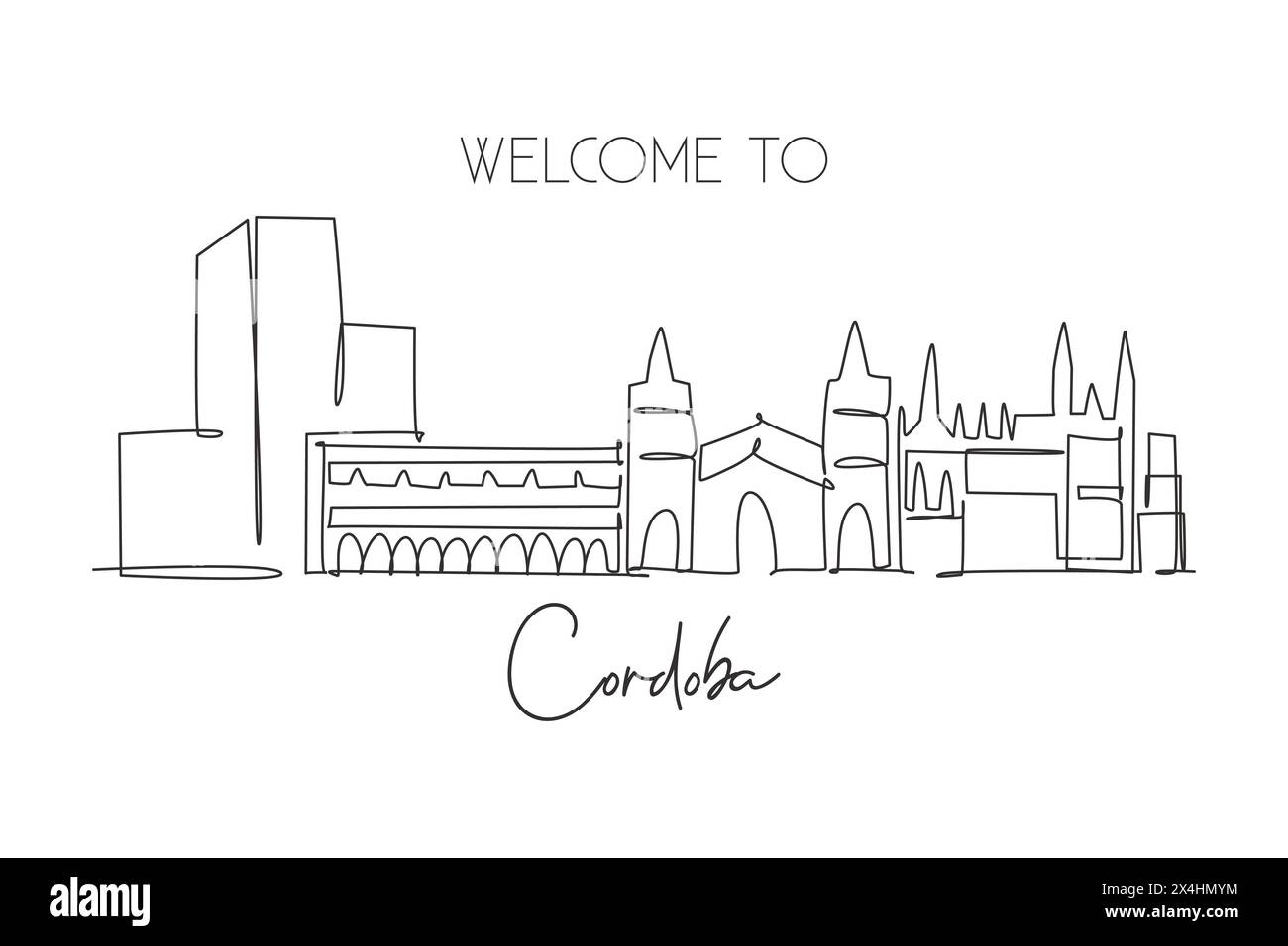 One single line drawing of Cordoba city skyline, Spain. Historical ...