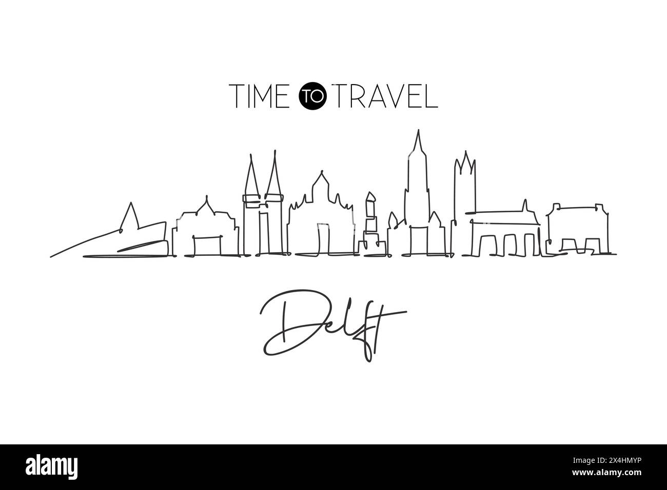 Single continuous line drawing of Delft city skyline, Netherlands ...
