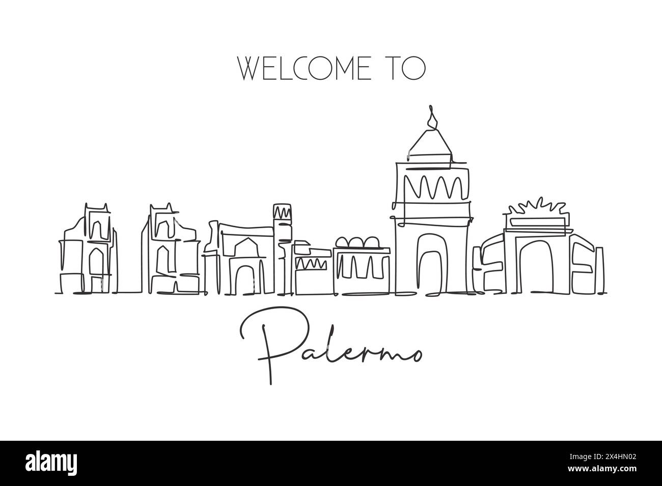 One continuous line drawing Palermo city skyline, Italy. Beautiful skyscraper. World landscape ...