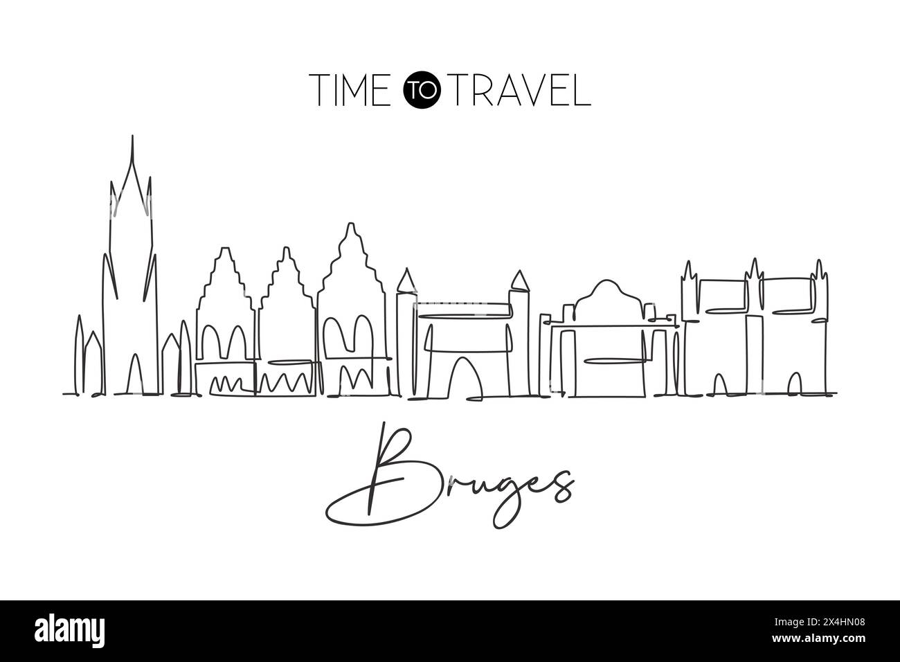 One continuous line drawing of Bruges city skyline, Belgium. Beautiful ...